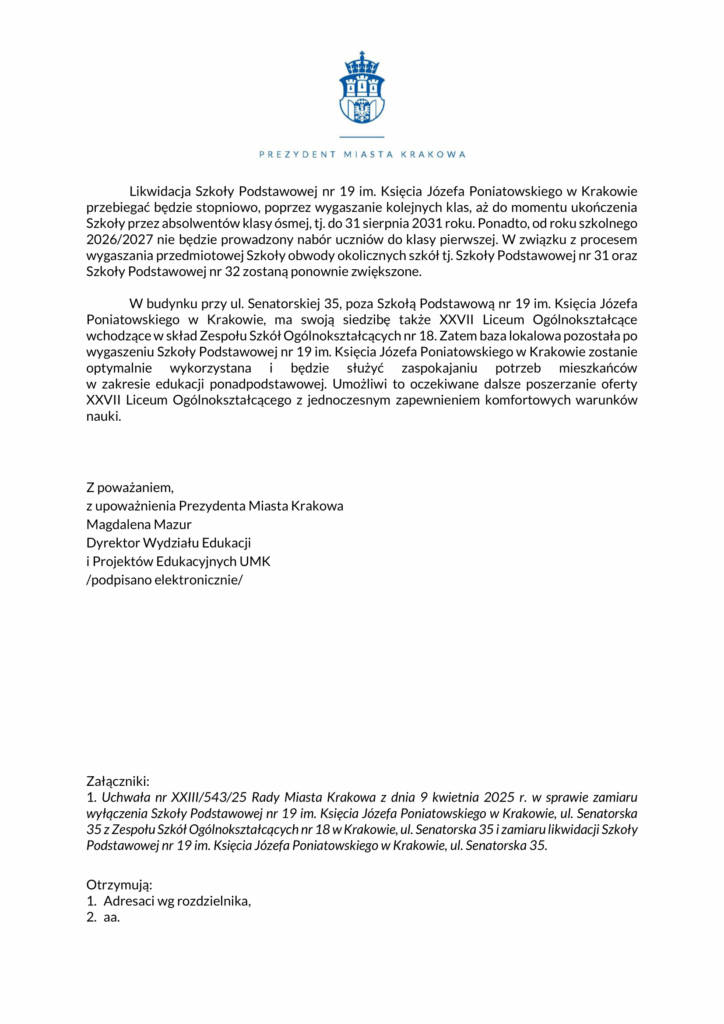 Zawiadomienie o zamiarze wyłączenia Szkoły Podstawowej nr 19 w Krakowie ...